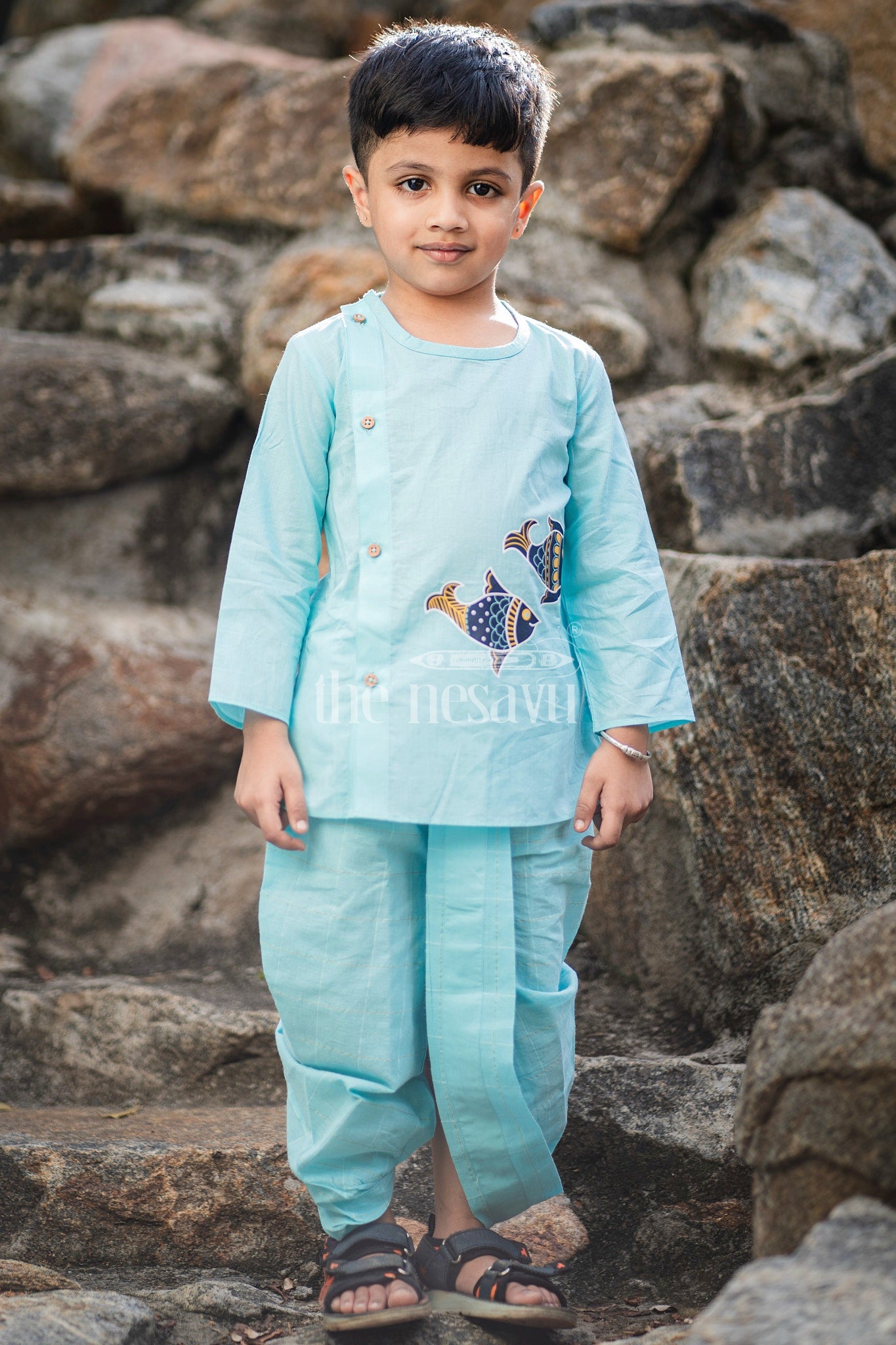 Nesavu Boys Teal Dhoti Set Fish Motif Kurta Cultural Gatherings Family ...