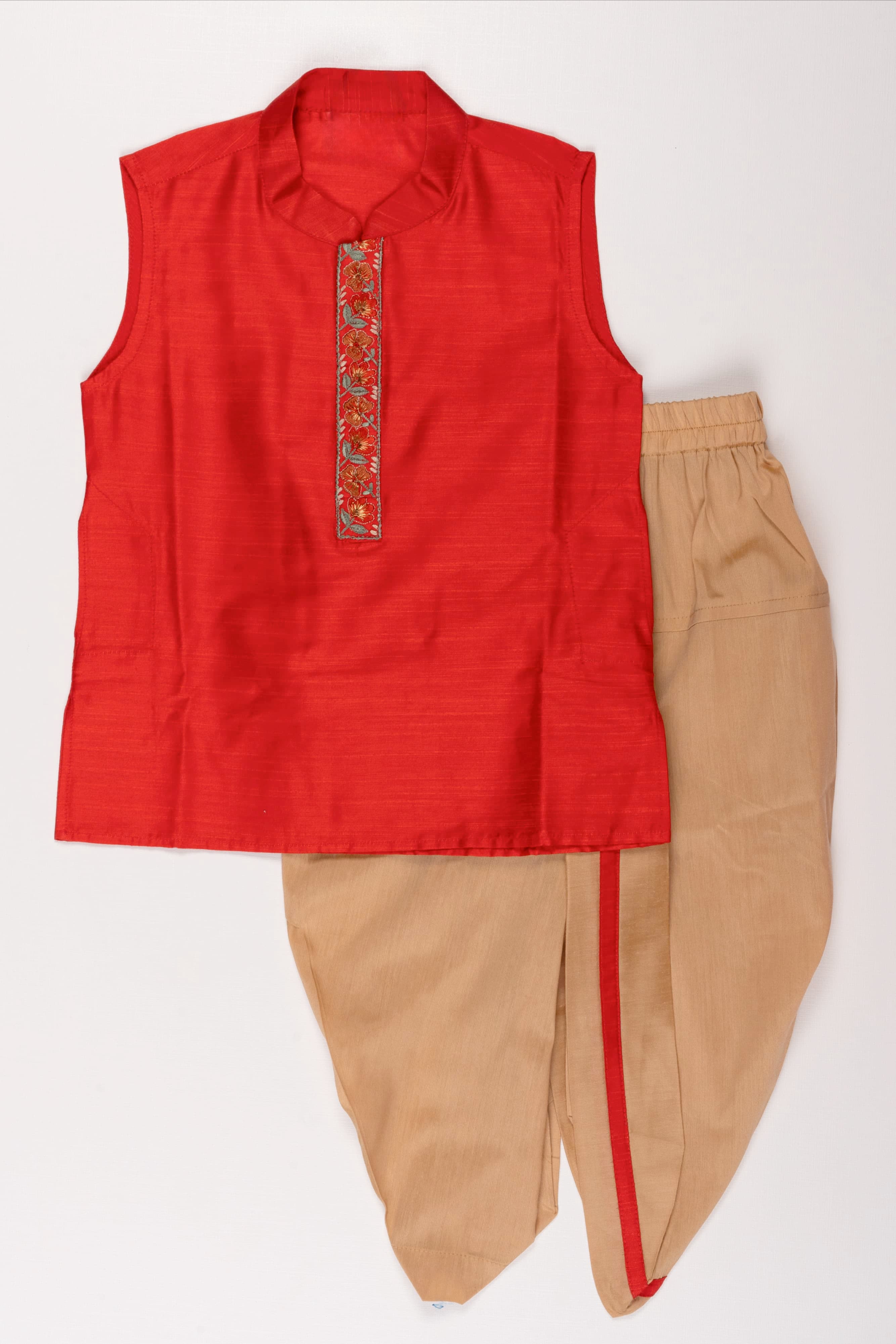 Boys' Crimson Red Kurta & Beige Dhoti Set | Traditional Panchagajam ...