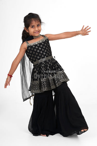Nesavu Black Georgette Sharara Gharara Set Girls Sequence Embroidery ...