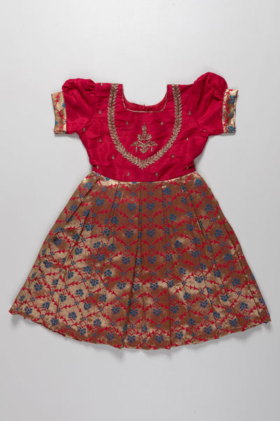 Maroon and Gold Pattu Silk Frock | Floral Banarasi Design | Festive ...