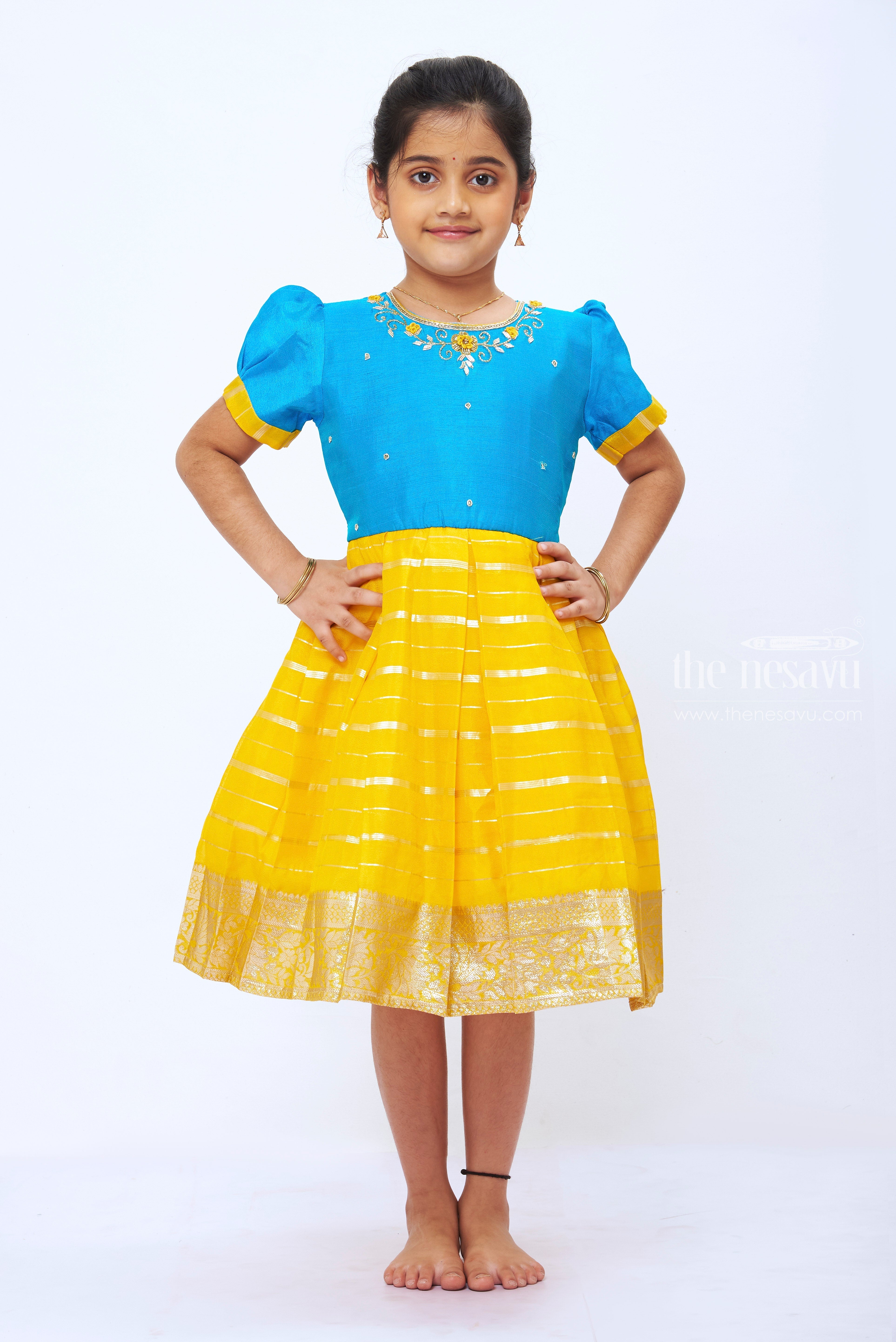 Sapphire Blue and Gold Silk Frock | Embroidered Traditional Dress with ...