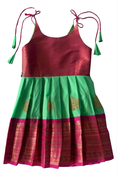 Girls' Maroon and Green Embroidered Silk Tieup Frock | The Nesavu – The ...