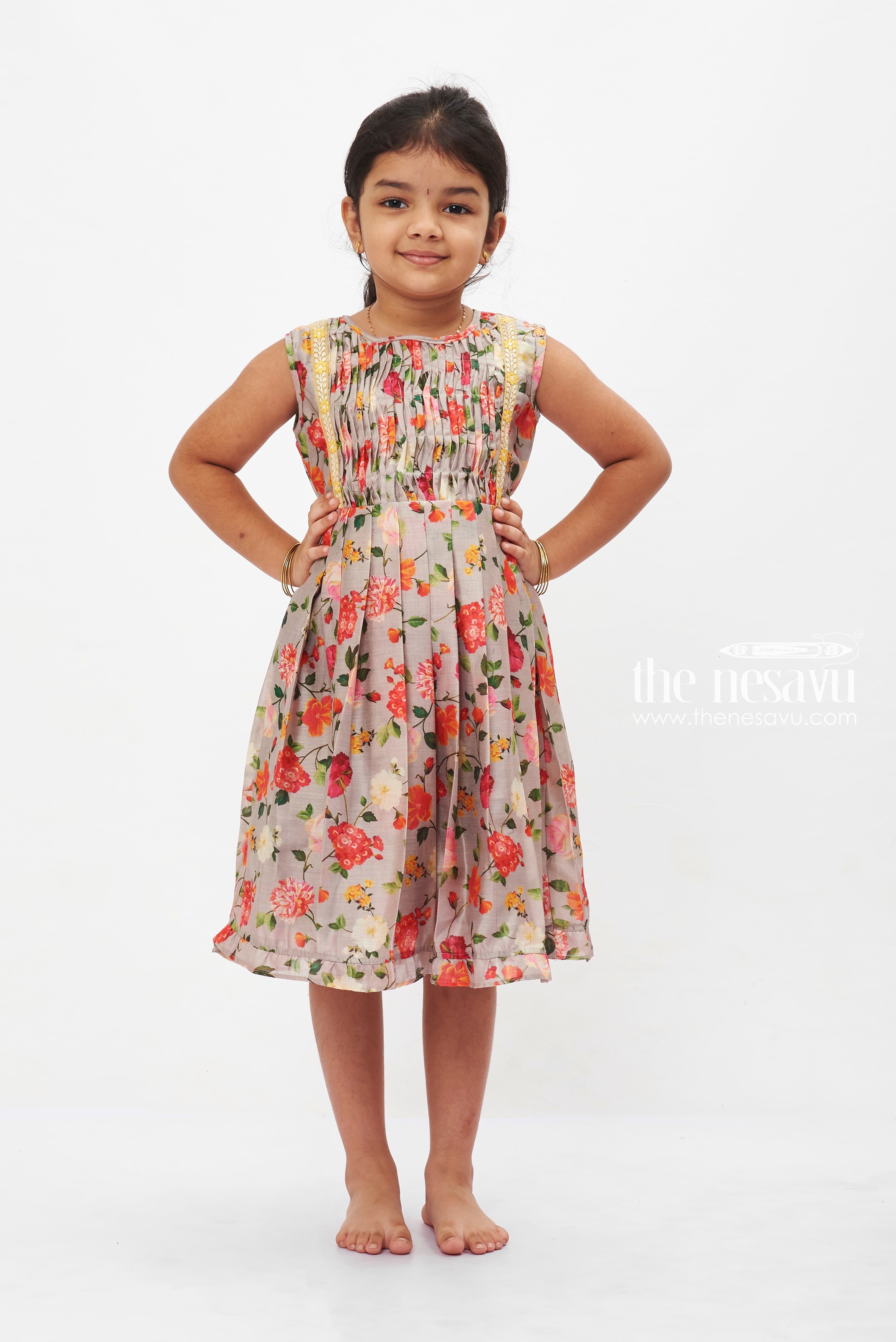 Girls Grey Rose Print Dress | Summer Sleeveless Frock with Lace ...