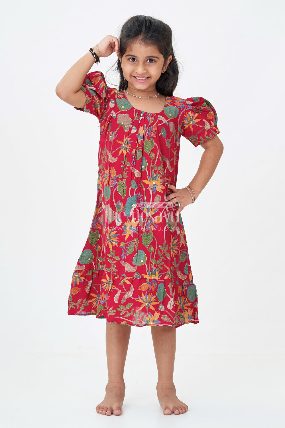 Nesavu Red Modal Silk Beautiful Party Frock Puff Sleeves Vibrant Floral ...