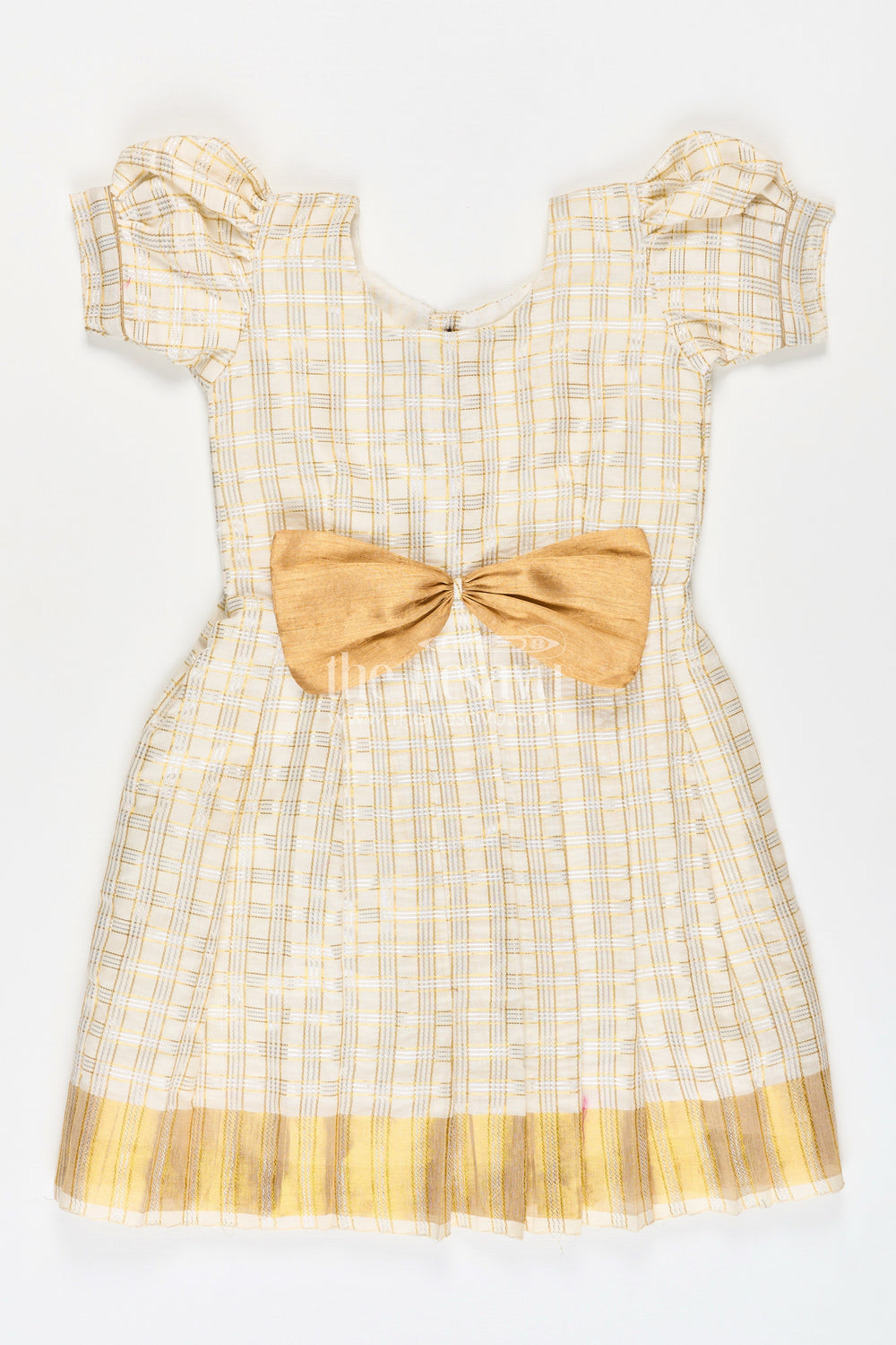 Nesavu Girls Long Frock Simple Design Beige Silk Golden Pleats Bow ...