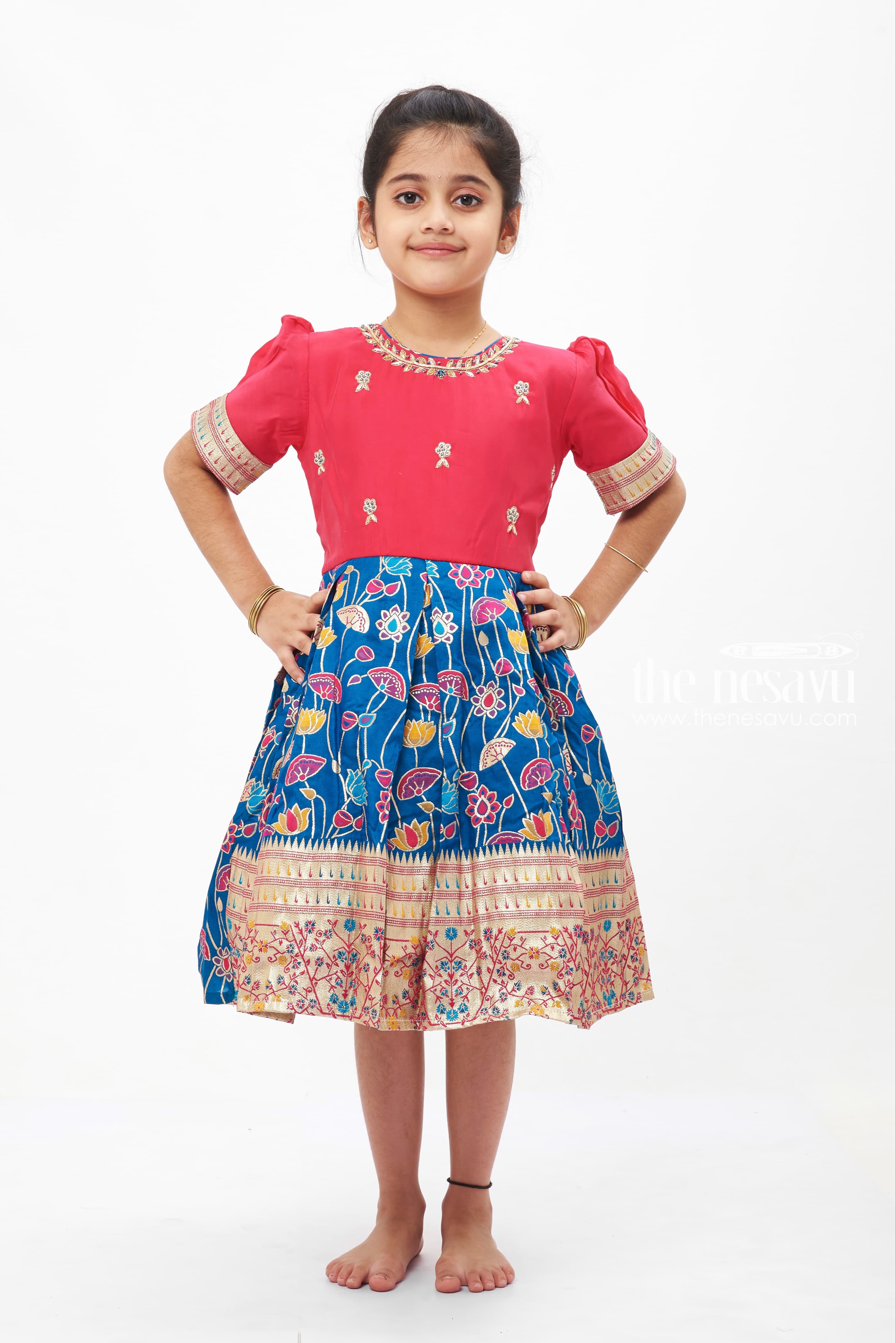 Embroidered Silk Floral Frock for Girls | Pink and Blue Traditional ...