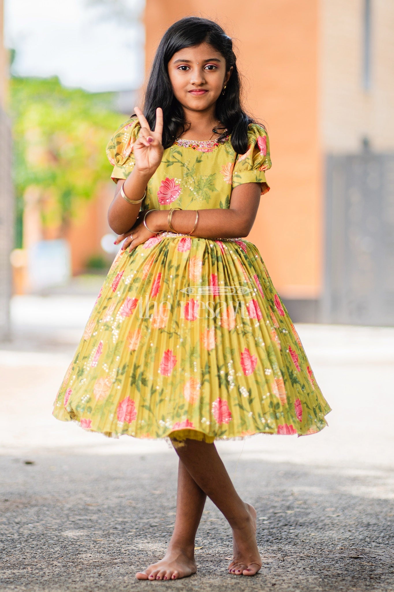 Nesavu Yellow Silk Party Frock Girls Floral Prints Puff Sleeves Festive ...