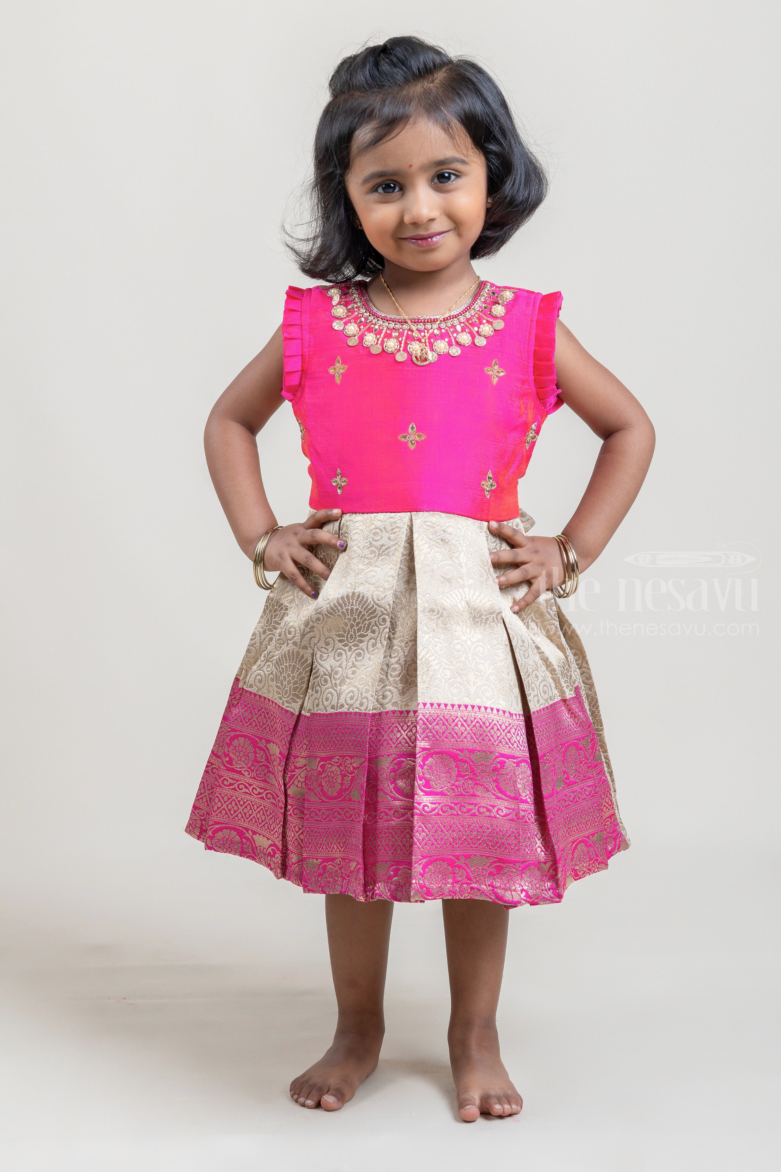 Premium Sleeveless Pink Kanchi Border Silk Frock for Girls | Latest ...