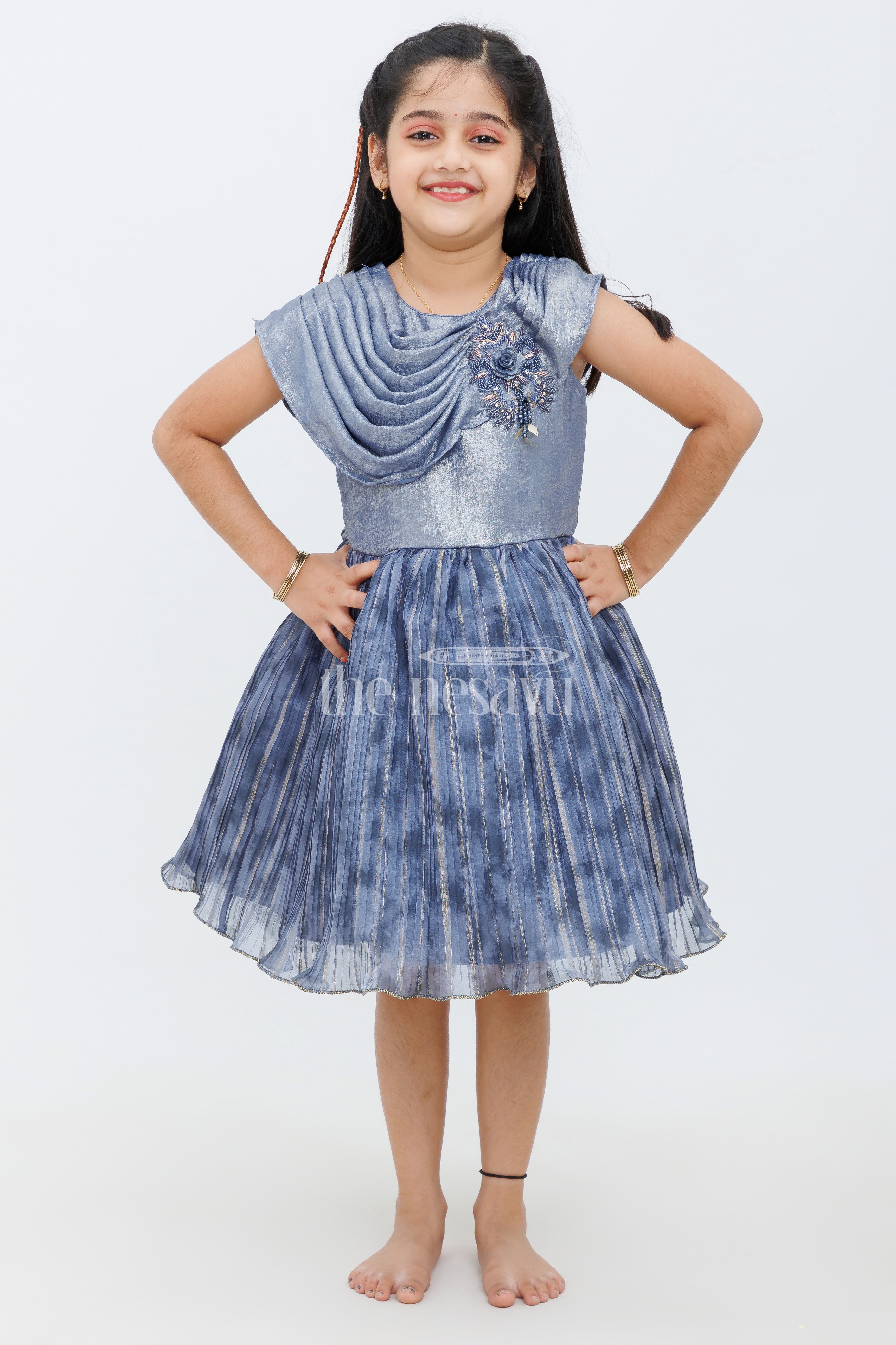Gray Glazed Organza Short Party Frock with Scallop Pleats for Girls ...