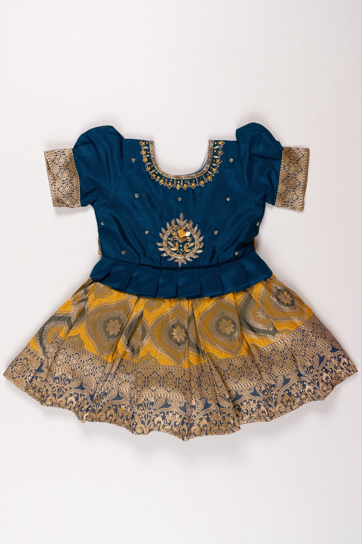 Traditional Navy & Mustard Silk Frock | Girls' Zari Embroidered Dress ...