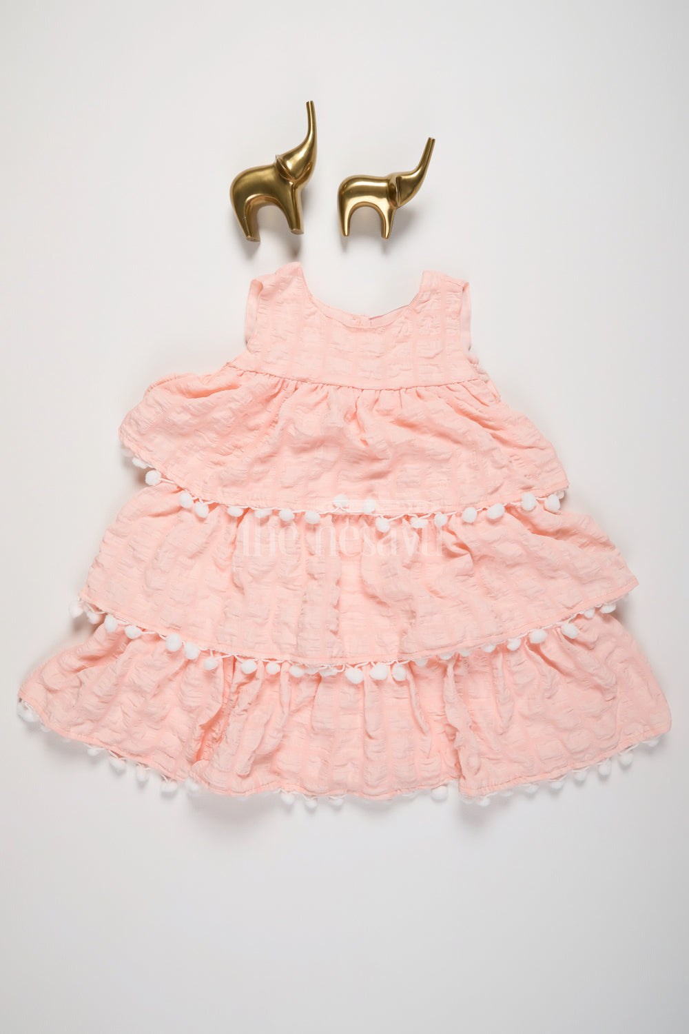 Nesavu Peach-Tiered Girls Fancy Frock White Pom-Pom Trim Textured ...