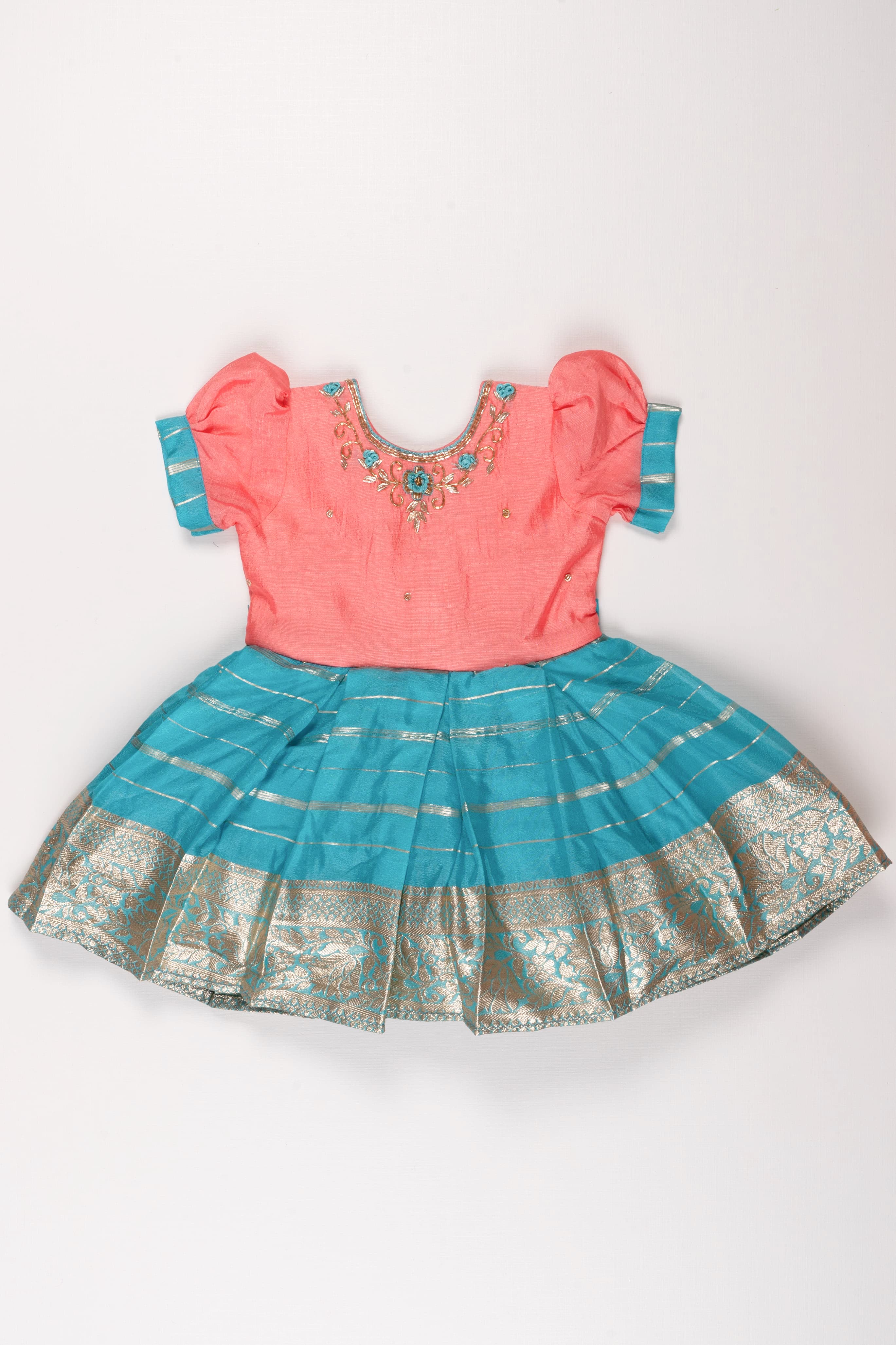Girls' Pink Silk Frock with Blue Zari Embroidery | Luxurious Festive ...