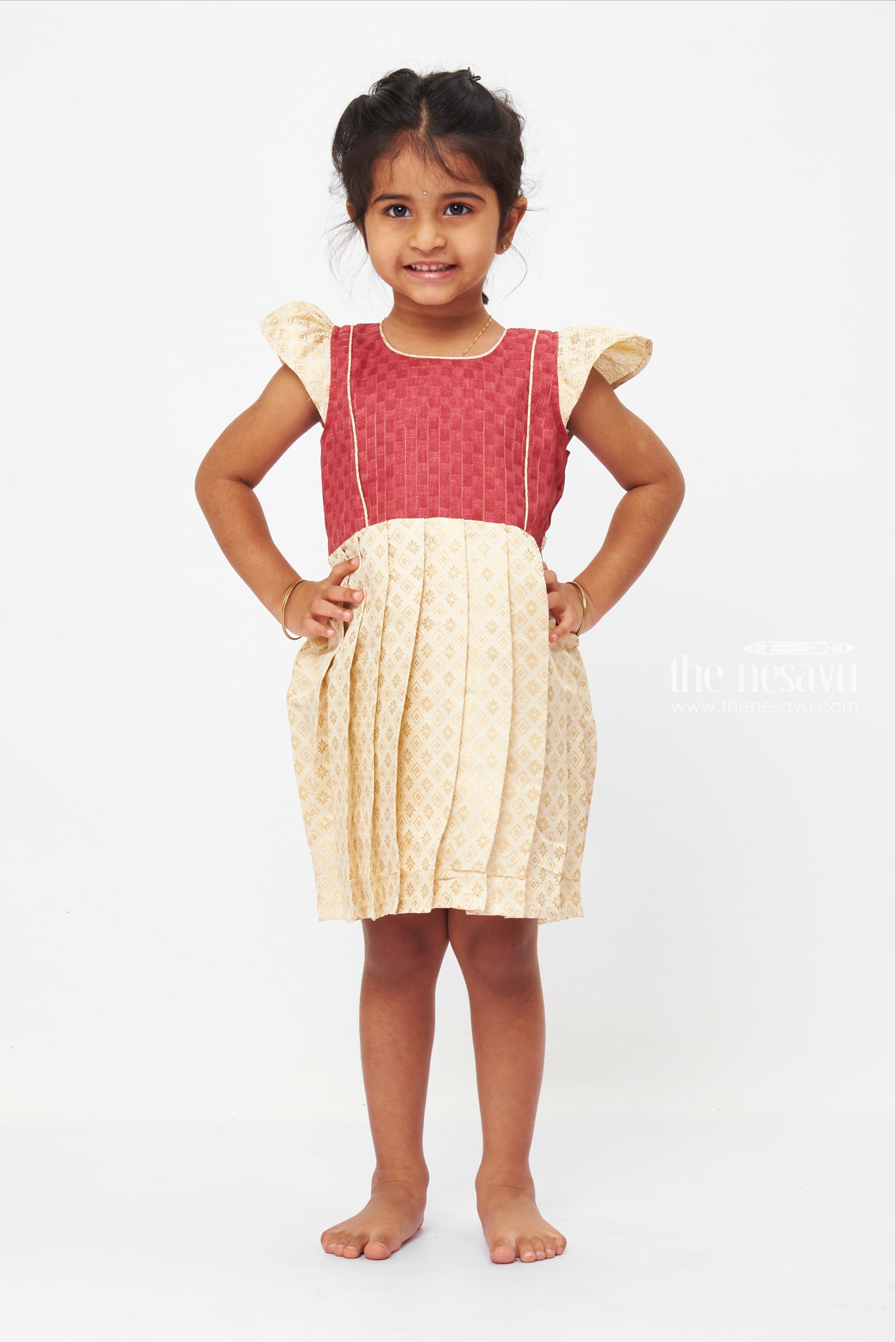 Purple & Gold Silk Frock | Cap Sleeve Traditional Brocade Dress for ...