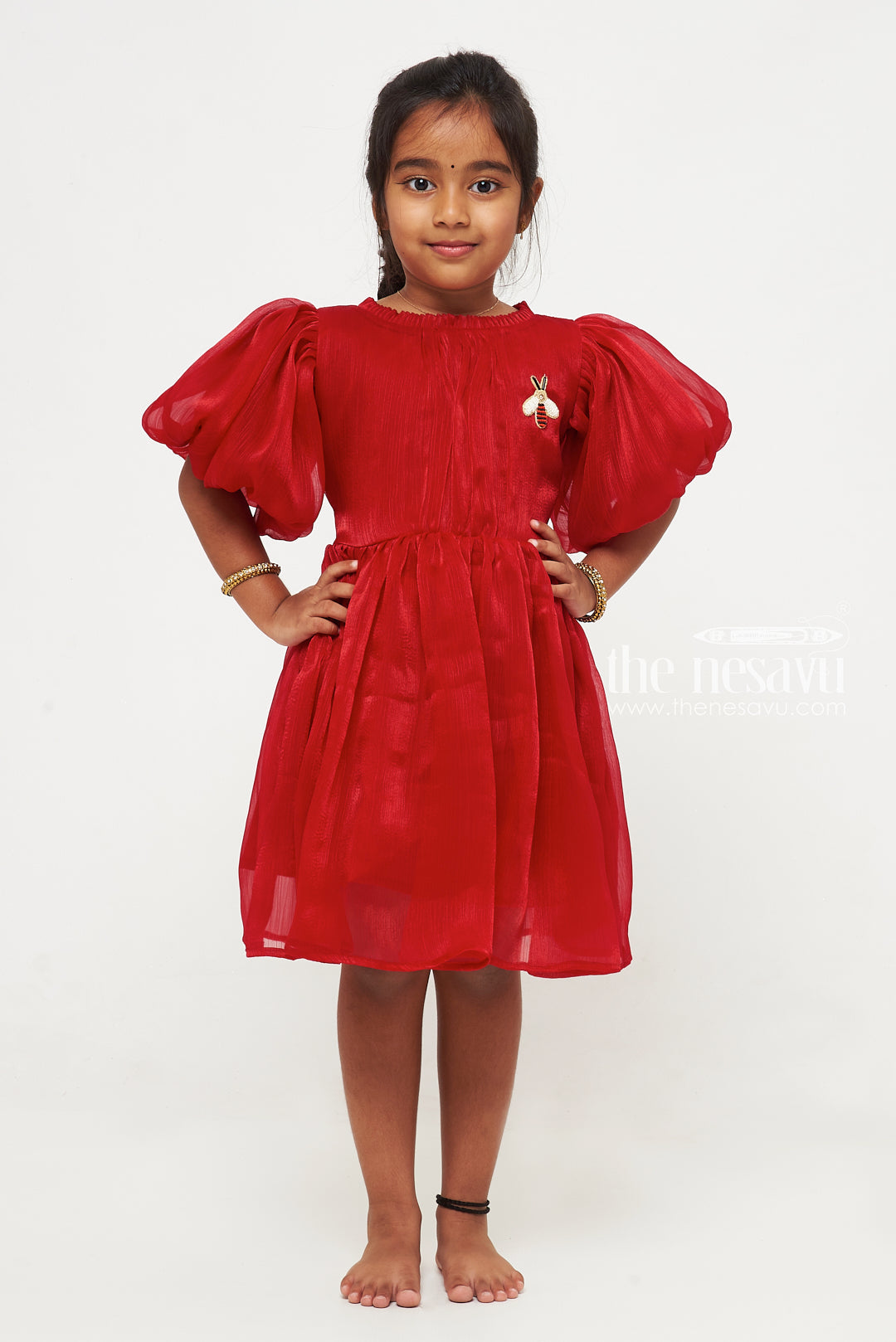 Ruby Red Organza Puff Sleeve Party Frock for Kids - Elegant Party Wear ...
