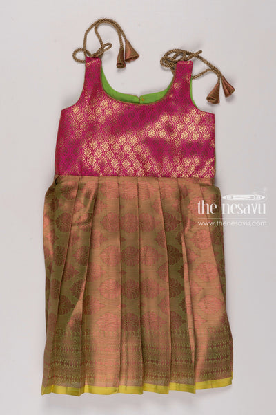 Pink Olive Green Silk Frock | Traditional Party Dress with Golden ...