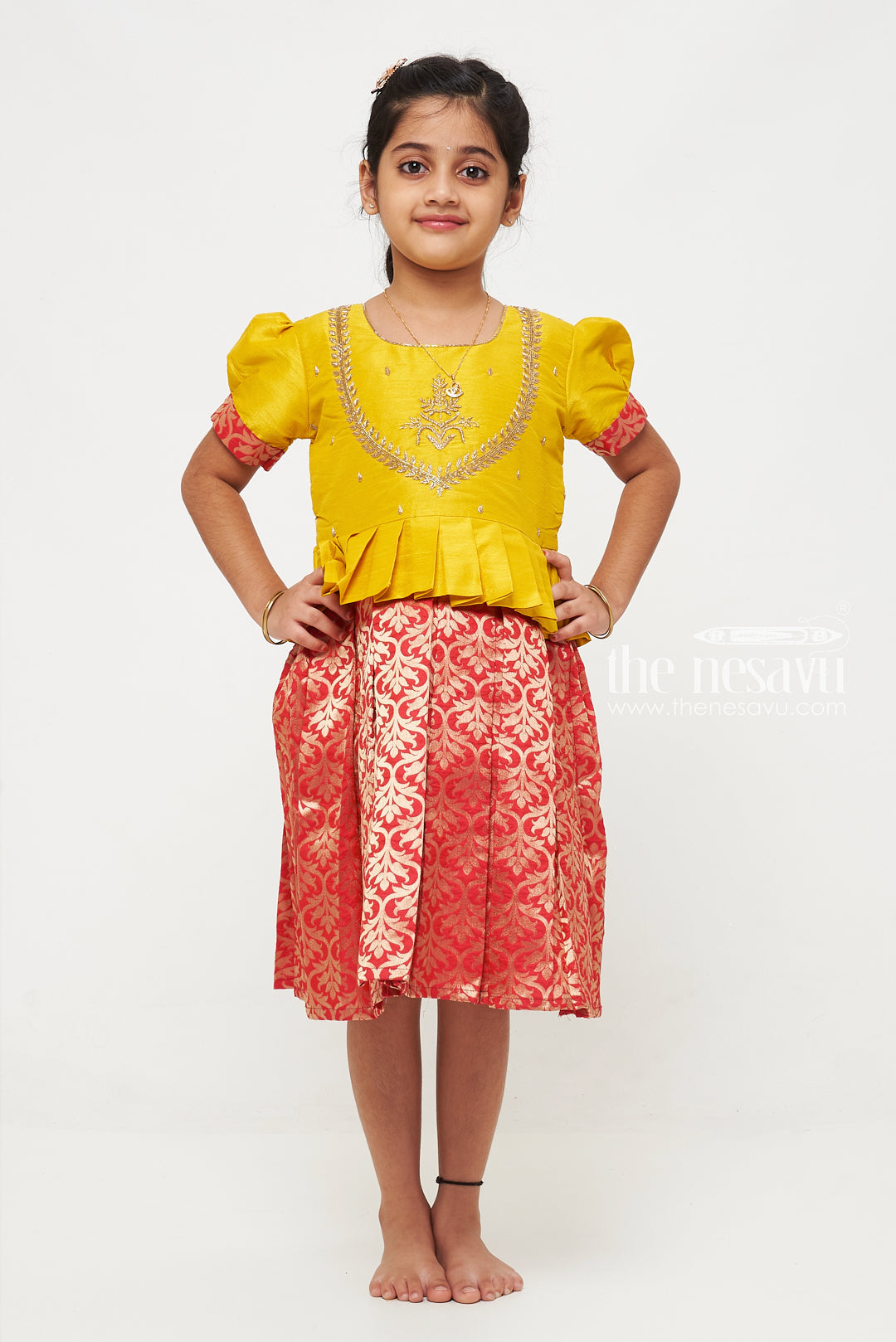 Yellow and Red Pattu Silk Frock | Gold Floral Banarasi Pattern ...