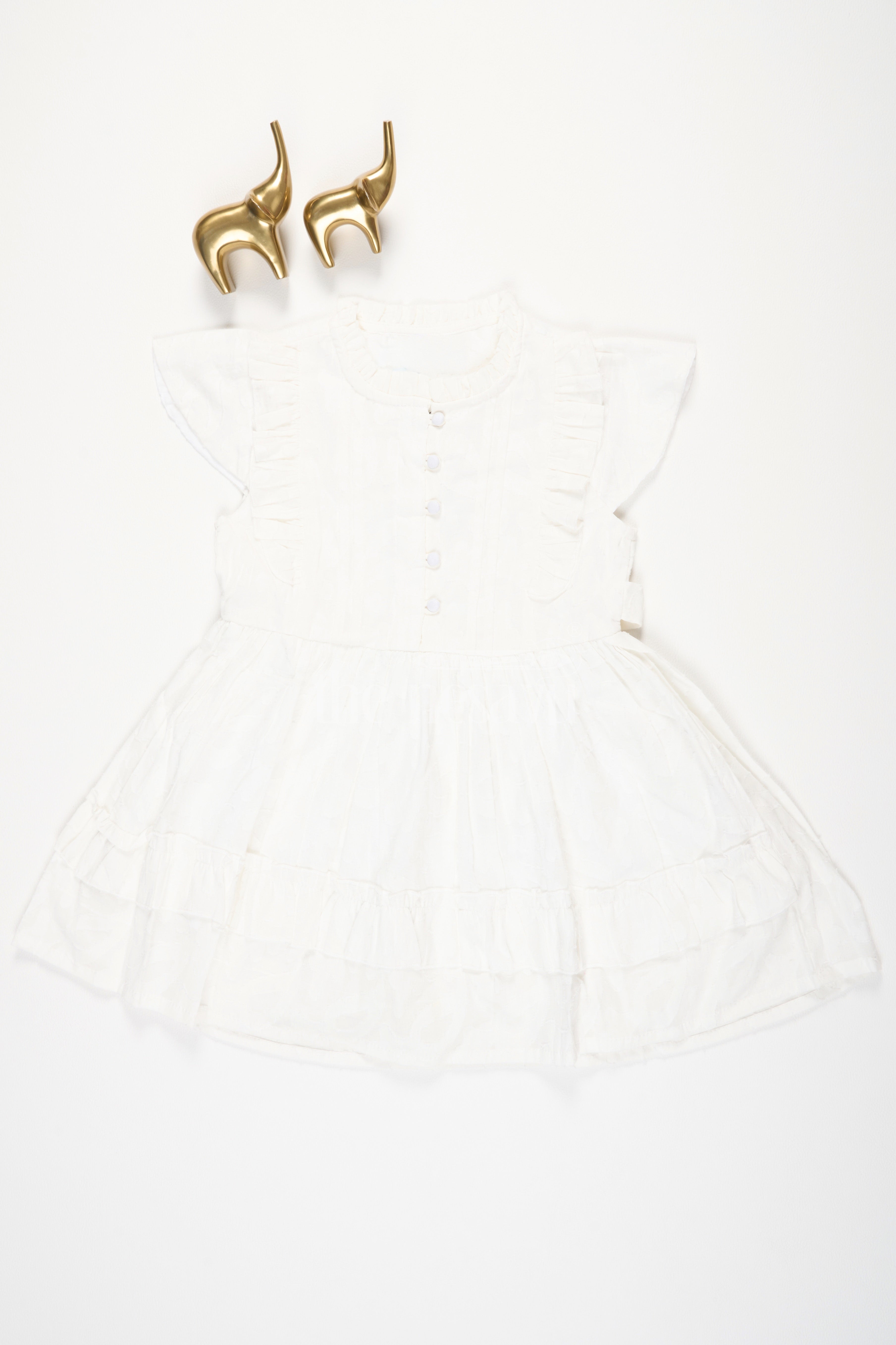 White Cotton Frock for Girls with Jacquard Design and Ruffles Nesavu ...