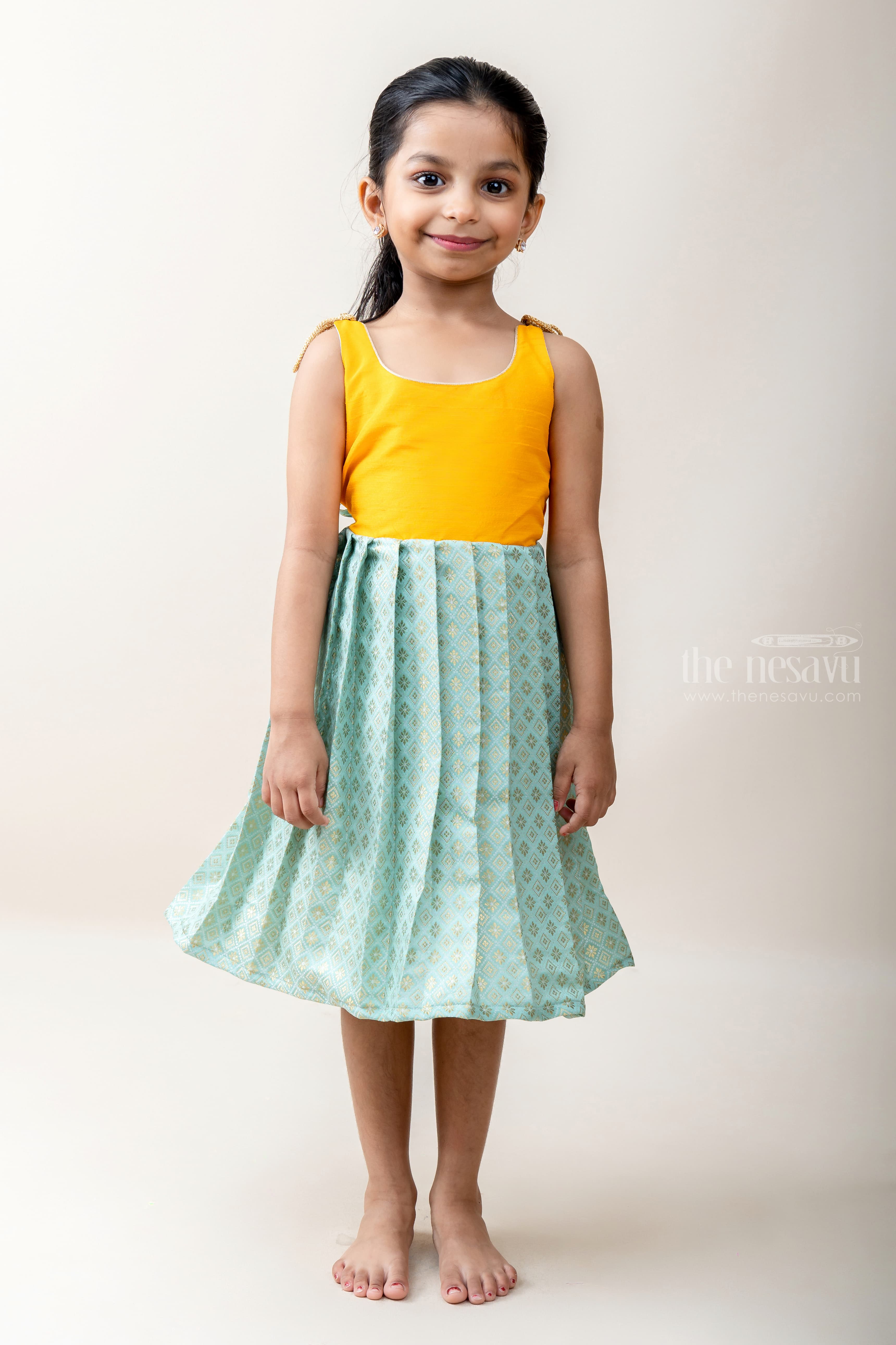 Light Cyan Banarasi Jacquard Silk Tie-up Frocks – The Nesavu